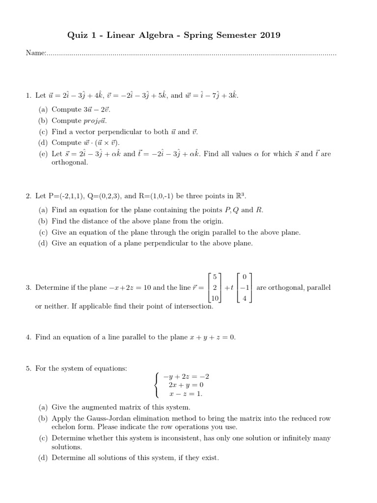 Linear Algebra Quiz Spring 2019 | PDF