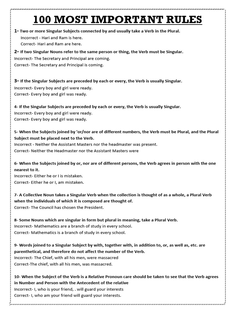 100 Most Important Rules | PDF | Grammatical Number | Verb