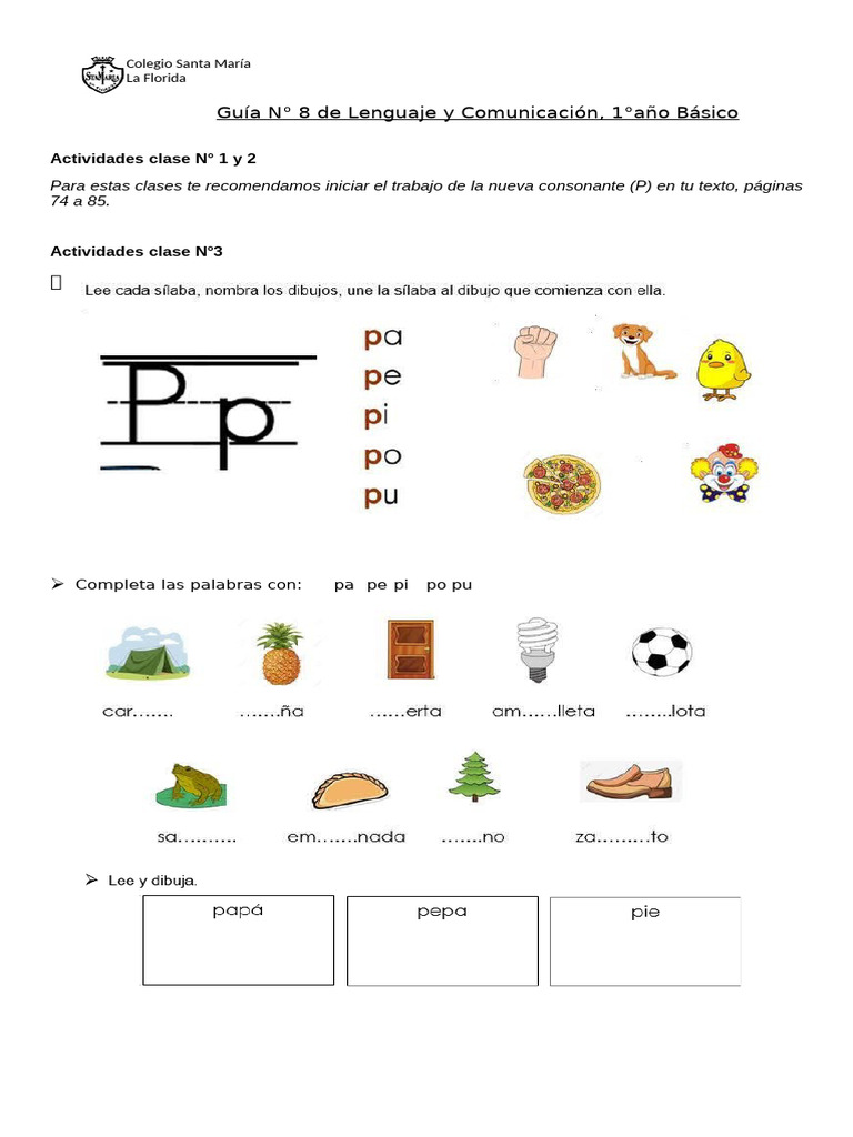 Guía de Lenguaje 1° Básico: Actividades P | PDF