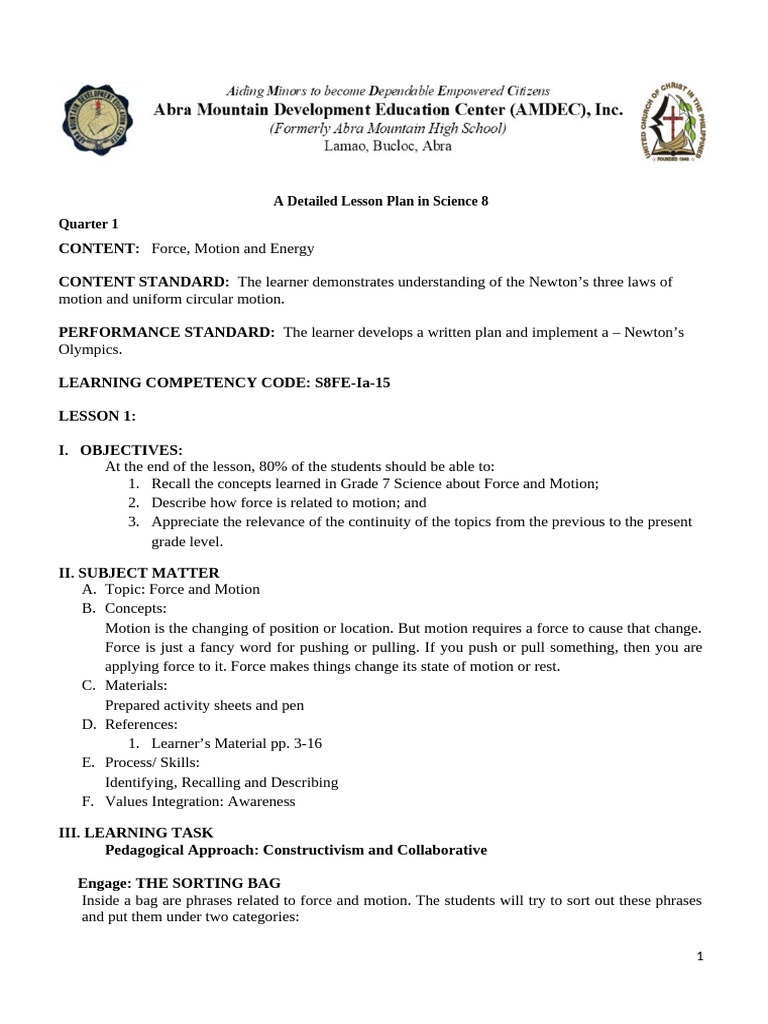 481529047-Grade-8-Science-1st-Quarter-DLP | PDF | Force | Mass