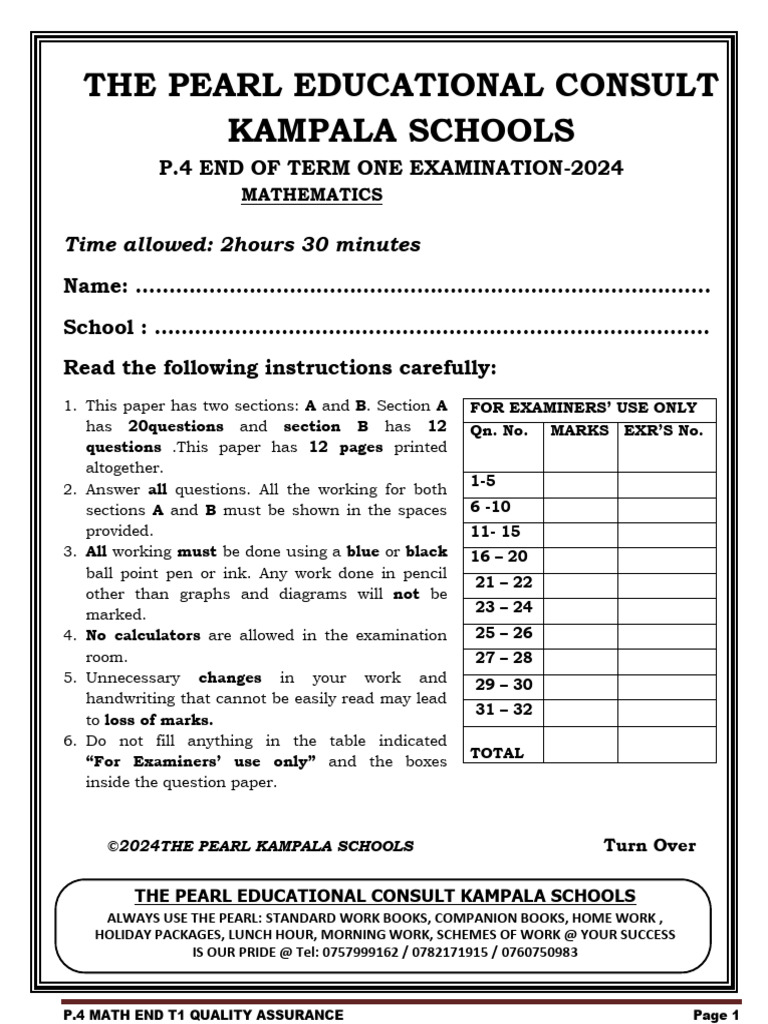The Pearl P.4 Eot I MTC 2024 | PDF | Mathematics
