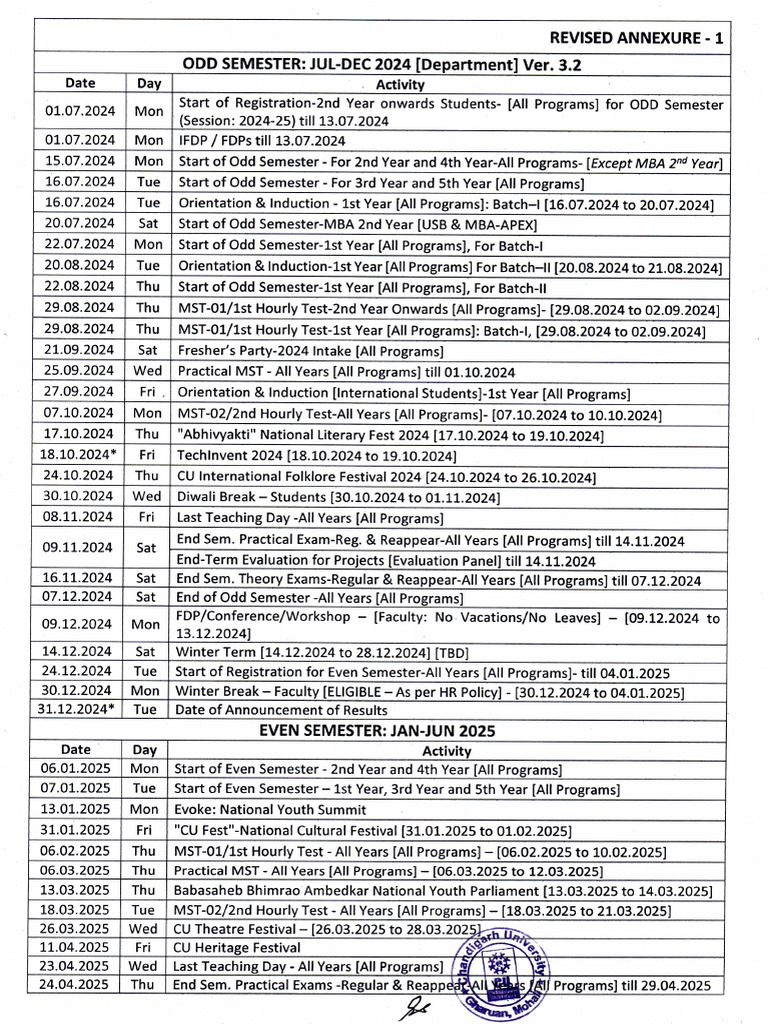 Revised Annexure I - Academic Calendar 2024-25 (Depatment) | PDF