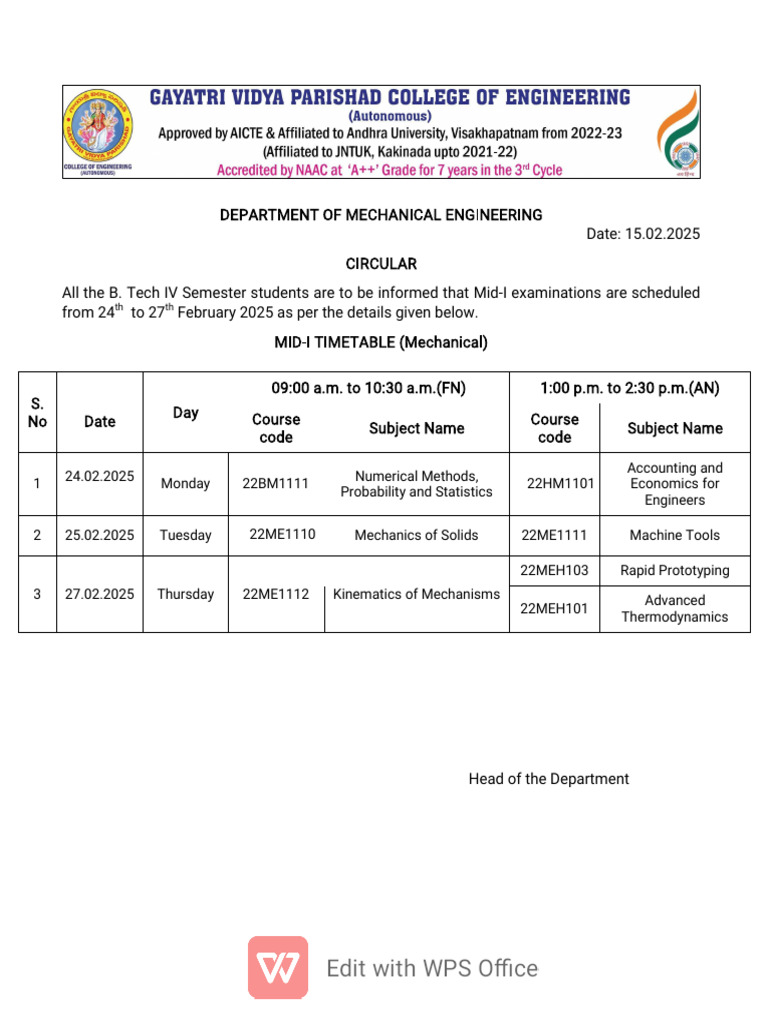 IV Sem Mid-I Schedule | PDF | Mechanical Engineering | Physical Sciences