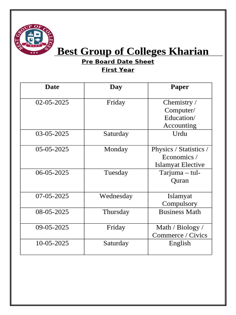 Pre Board Date Sheet P-1 | PDF