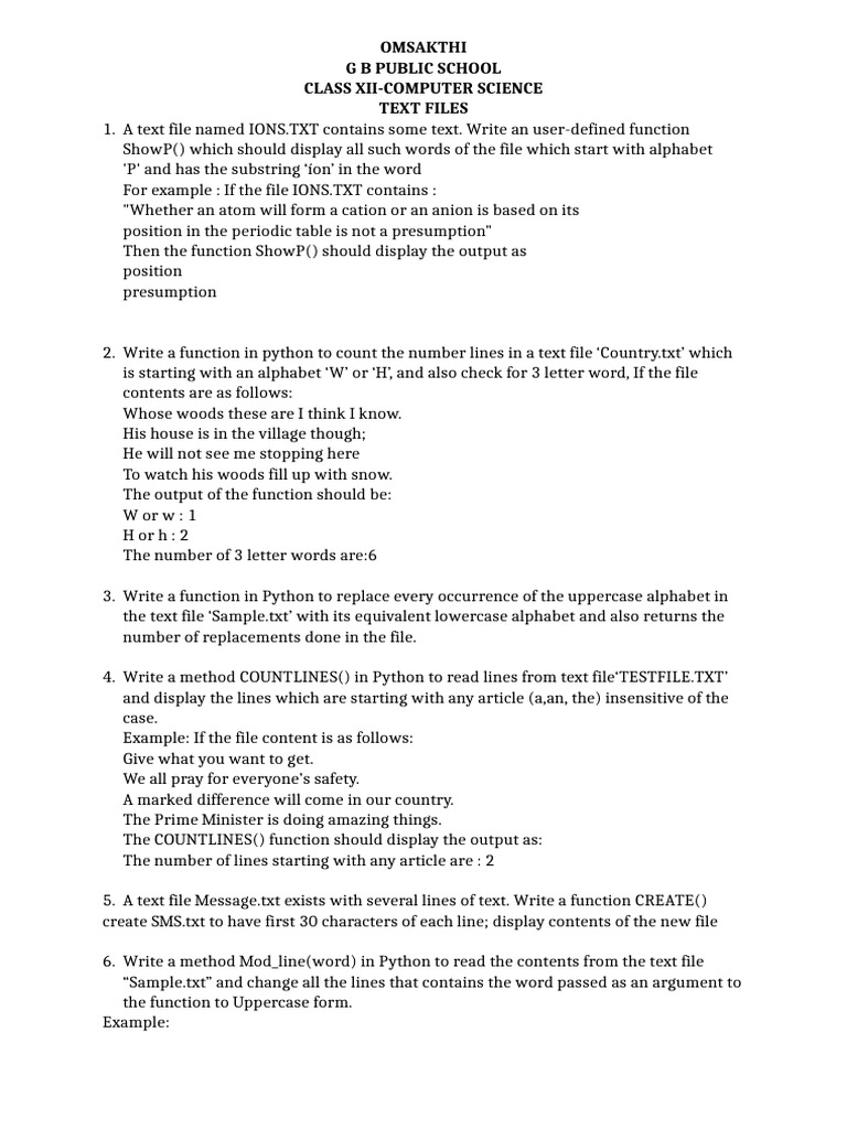 Class Xii Text File Handling Assignment | PDF | Ion | Computing