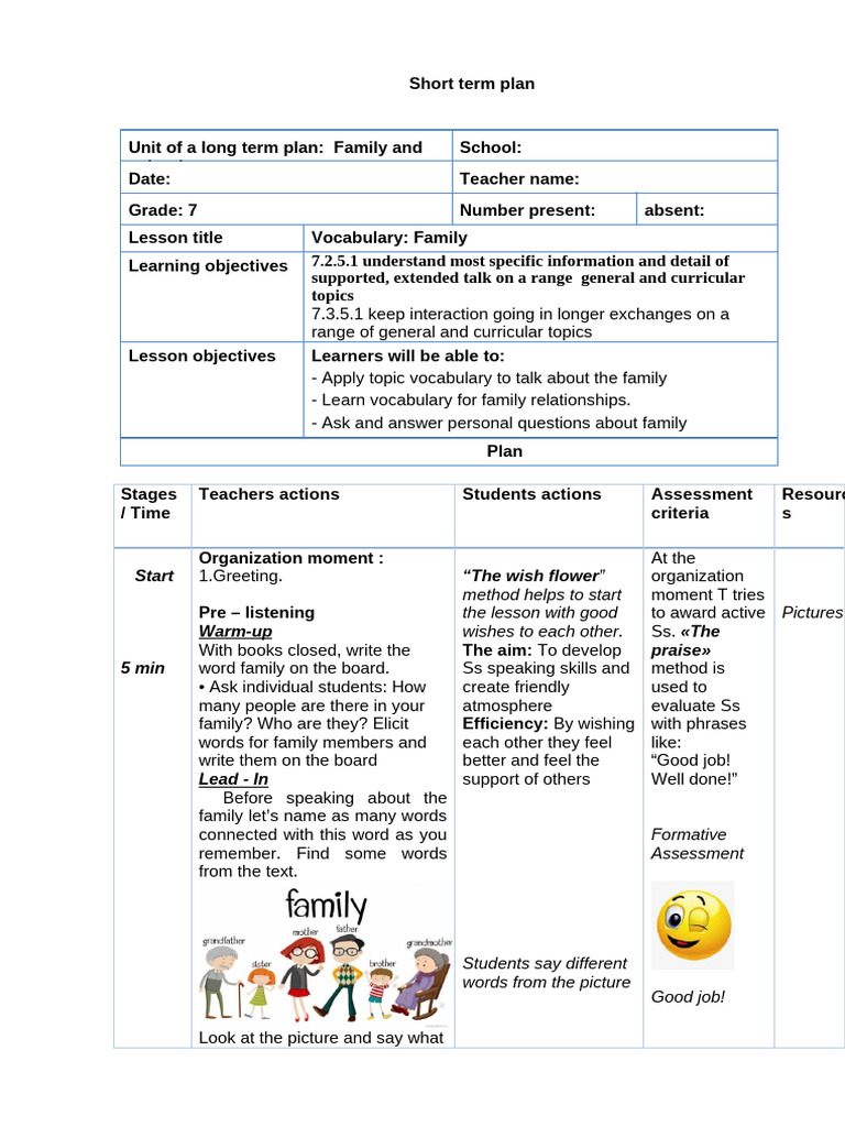 Family Vocabulary Lesson Plan | PDF | Educational Assessment | Learning