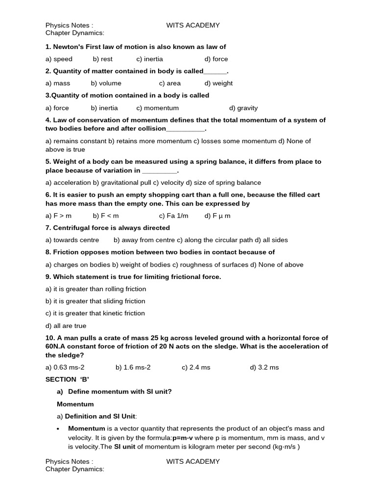 9th Physics 3rd Chapterdynamics | PDF | Momentum | Weight