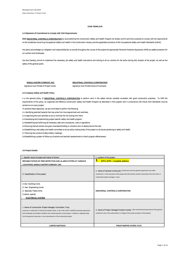 CSHP Form 1B 2023 CSHP Template Rev1 | PDF | Occupational Safety And ...