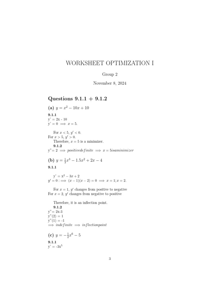 Worksheet Optimization I: Questions 9.1.1 + 9.1.2 | PDF
