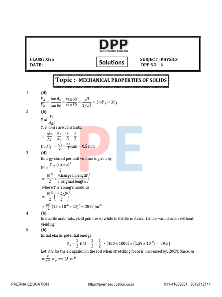 Mechanical Properties of Solids DPP 6 SOLUTION Min | PDF | Elasticity ...
