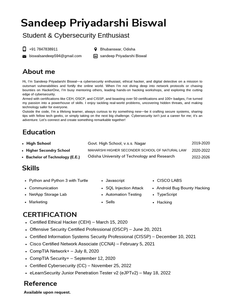 Sandeep Priyadarshi Biswal CV | PDF | Security Hacker | Information Technology