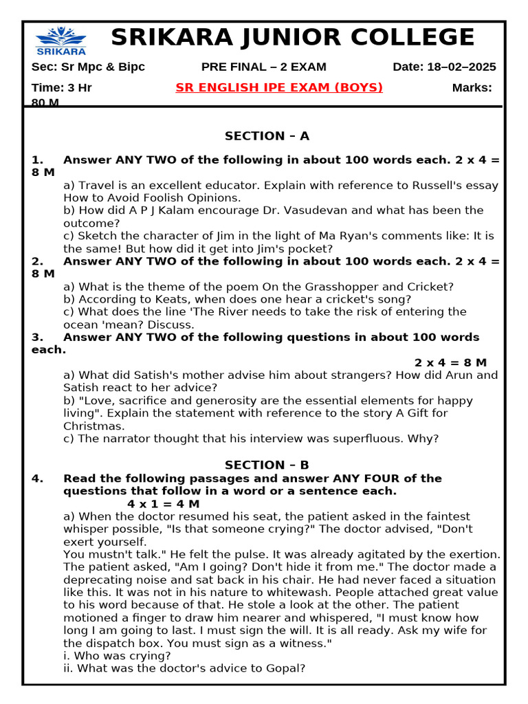 SR IPE English Pre Final-2 Exam QP 18-02-2025 | PDF | Brain | Central Nervous System