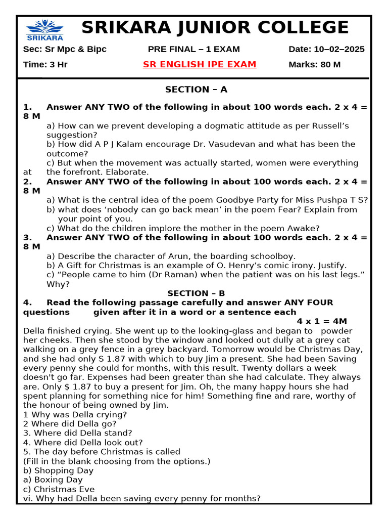 SR IPE English Pre Final-1 Exam QP 10-02-2025 | PDF