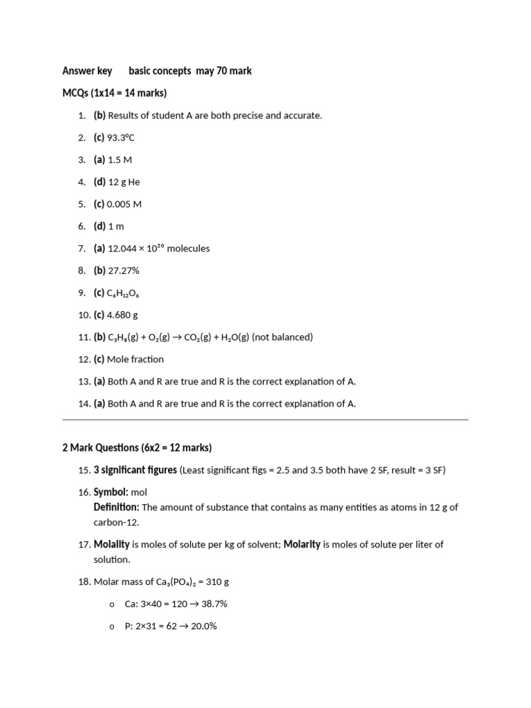 Answer Key Basic Concepts May 70 Mark | PDF | Mole (Unit) | Physical Sciences