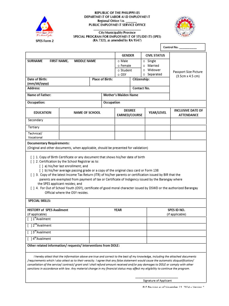 SPES FORM 2 - APPLICATION FORM - Nov | PDF | Unemployment Benefits | Birth Certificate