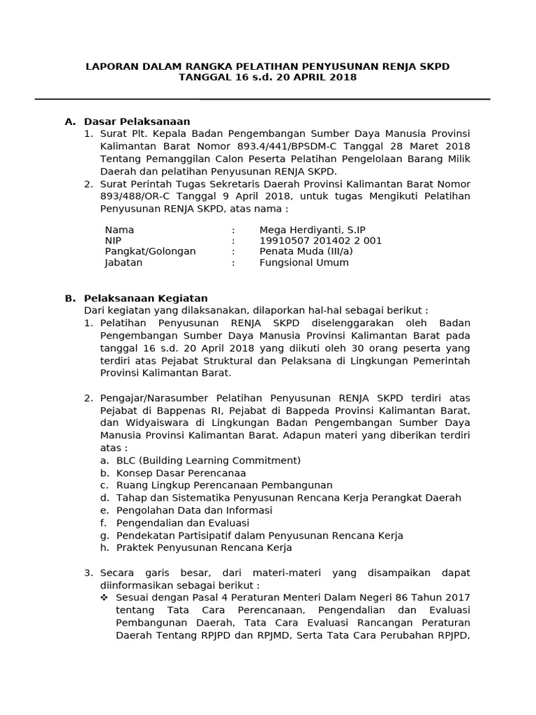Pelatihan Penyusunan RENJA SKPD 2018 | PDF