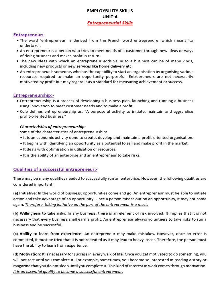 Unit4entrepreneurial Skills | PDF | Entrepreneurship | Startup Company