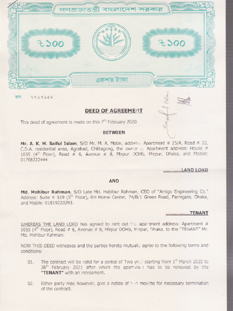 Agreement For Flat Rent | PDF