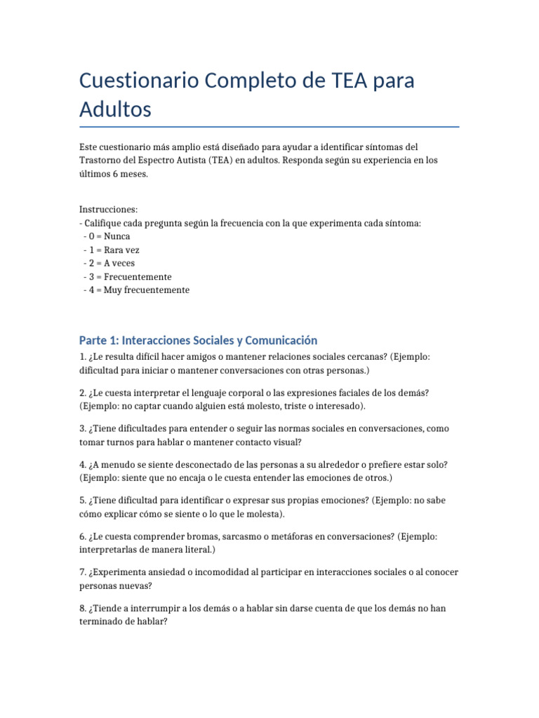 Cuestionario TEA para Adultos | PDF | Autismo | Ansiedad