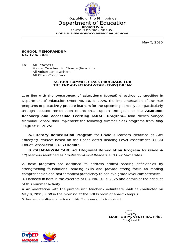 School Memo Summer Class Programs | PDF | Literacy | Psycholinguistics