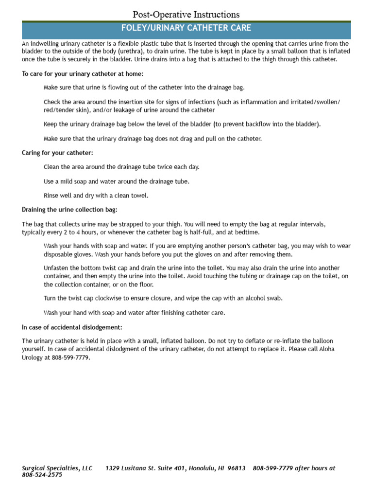 Foley Catheter Care Instructions | PDF | Catheter | Urinary System