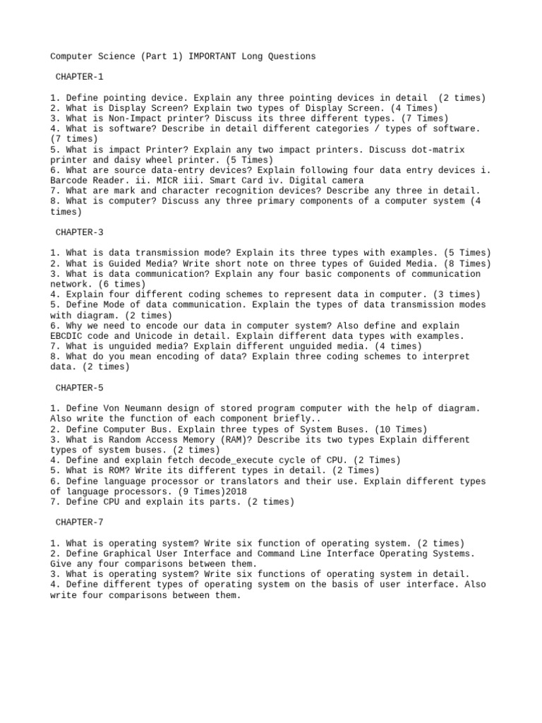 Computer Science Part 1 IMPORTANT Long Questions | PDF | Operating System | Central Processing Unit