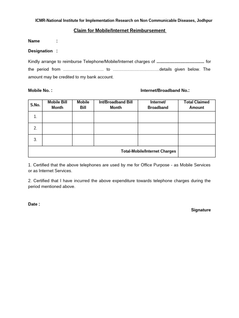 Reimbursement Claim For Mobile & Internet | PDF