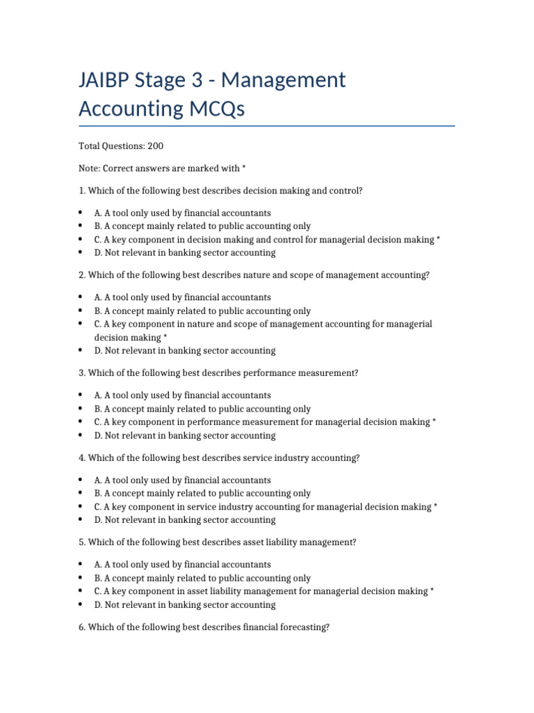 JAIBP Stage3 Management Accounting MCQs | PDF | Financial Accounting ...