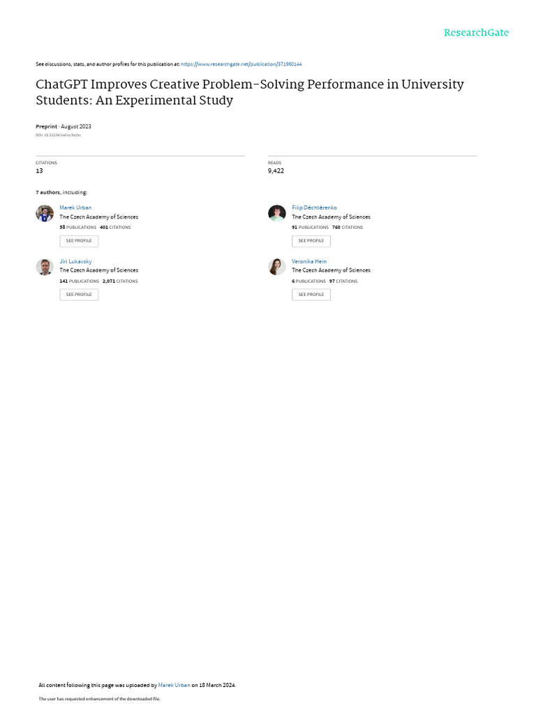 ChatGPTimprovescreativeproblem-solving PREPRINT Fin | PDF | Metacognition | Self Efficacy