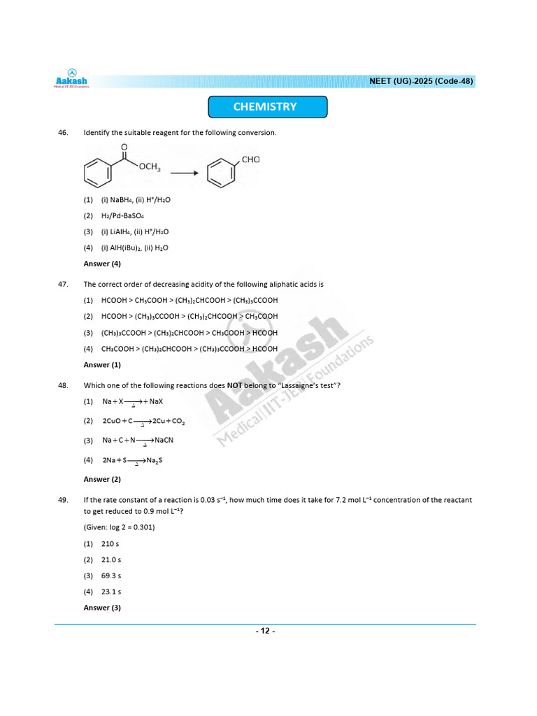 Chemistry Neet 2025 Code 48 | PDF | Mole (Unit) | Ammonia