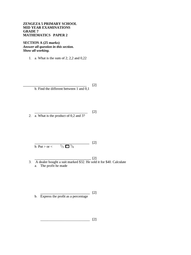 Grade 7 Mathematics Exam Paper 2024 | PDF | Student Assessment And ...