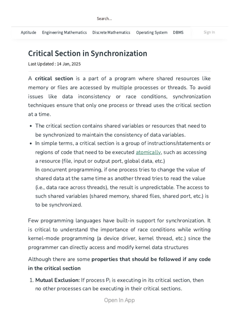 Critical Section in Synchronization | PDF | Process (Computing) | Thread (Computing)