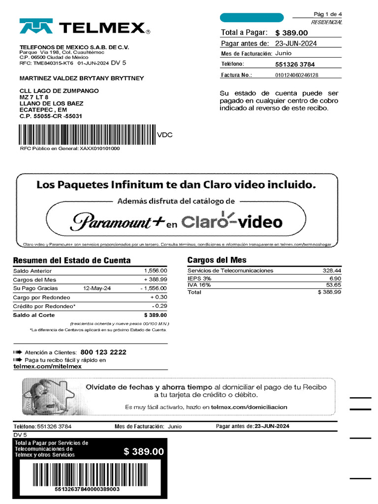 Recibo Telmex | PDF