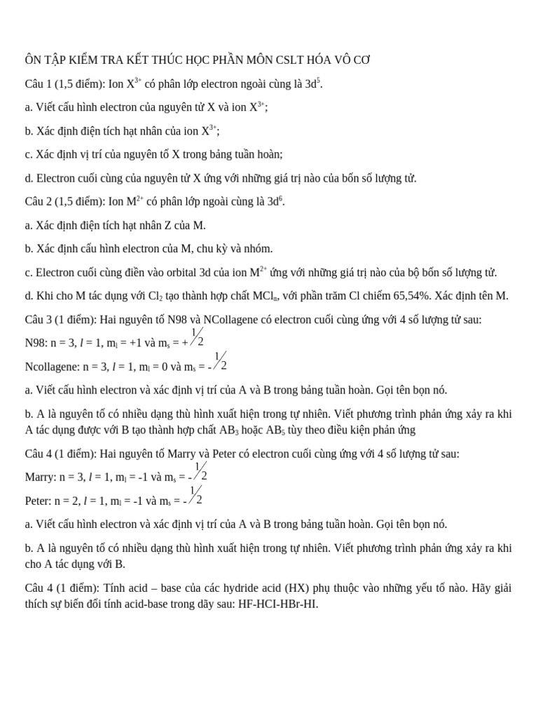 Ôn Tập Kiểm Tra Kết Thúc Học Phần Môn Cslt Hóa Vô Cơ | PDF