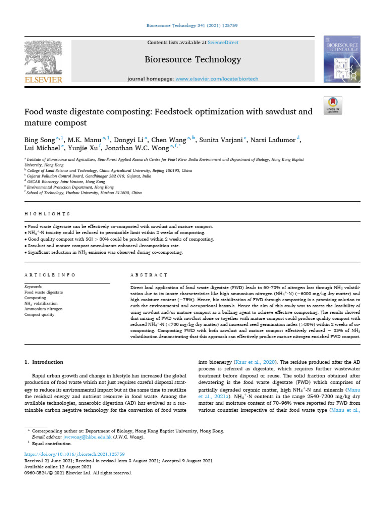 Food Waste Digestate Composting: Feedstock Optimization With Sawdust and Mature Compost | PDF ...