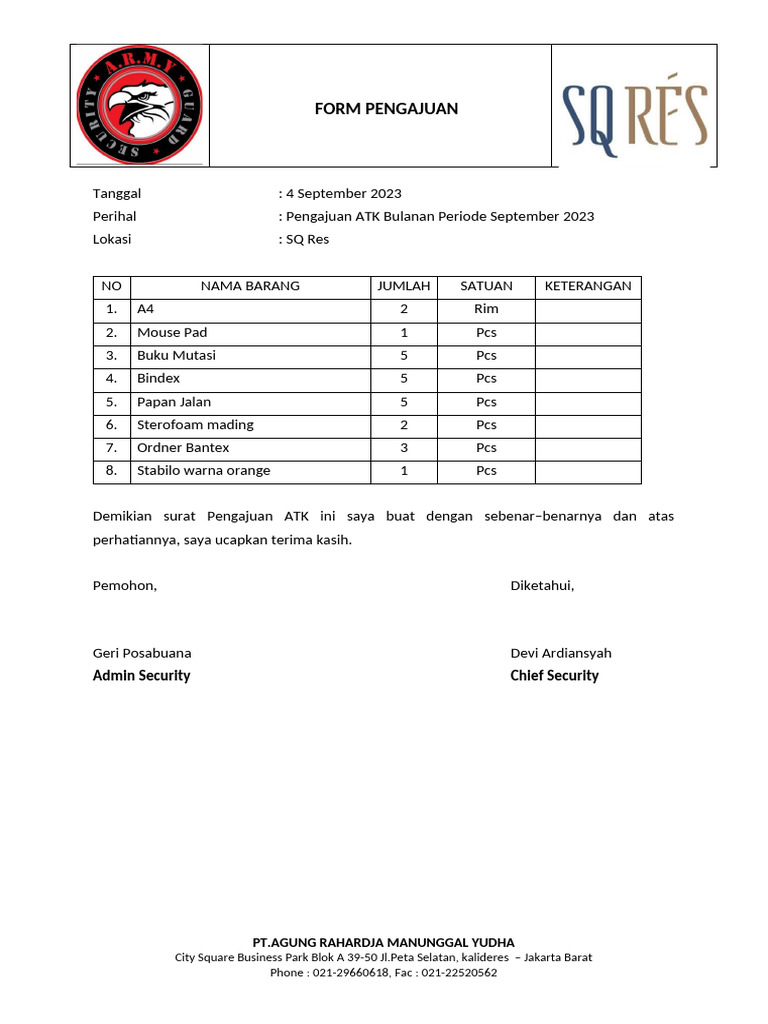 FORM Pengajuan ATK Periode September 2023 | PDF