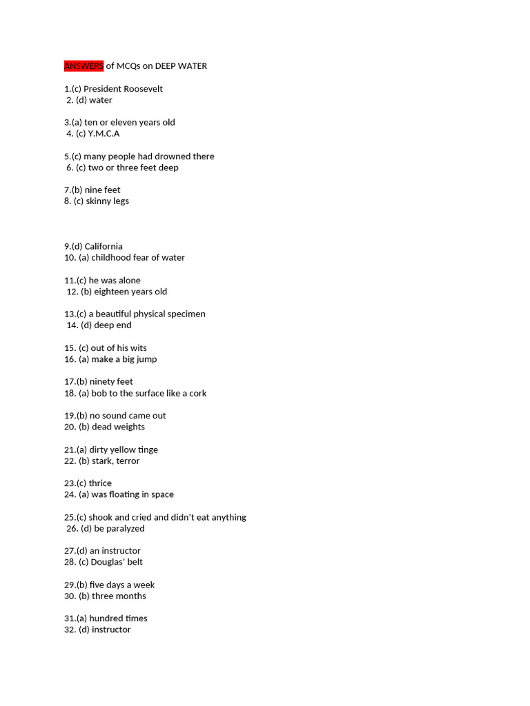 Answers of MCQ On Deep Water | PDF