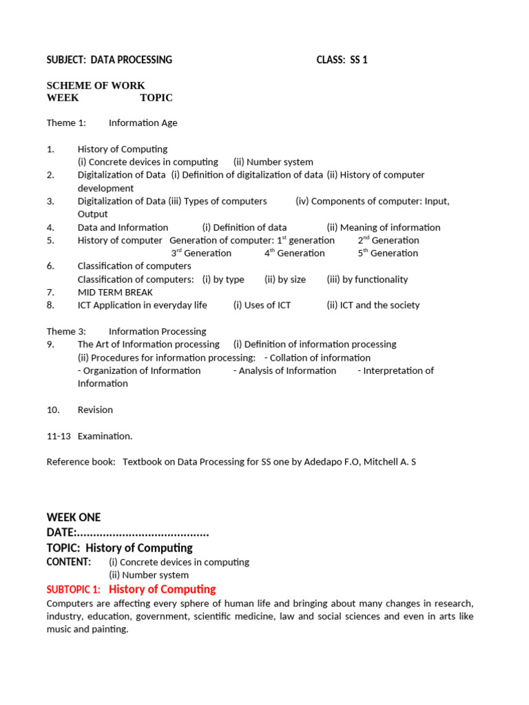 E-Note SS One 1st Term Data Processing | PDF | Computer Engineering | Computing