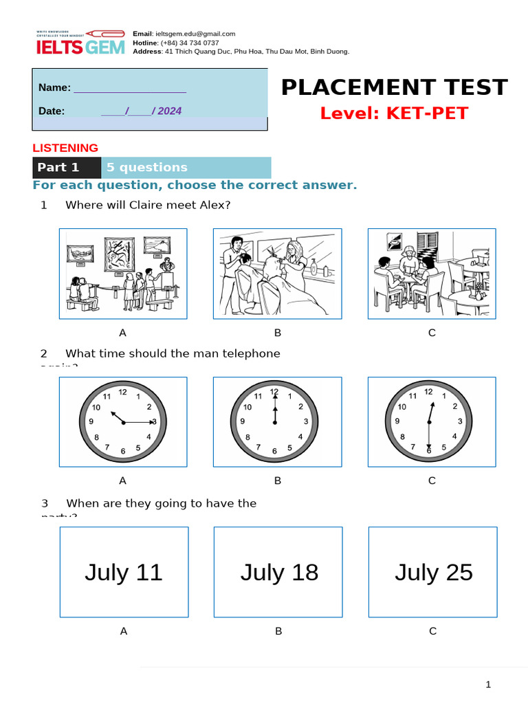Ket-Pet Placement Test (Test Sheet) | PDF