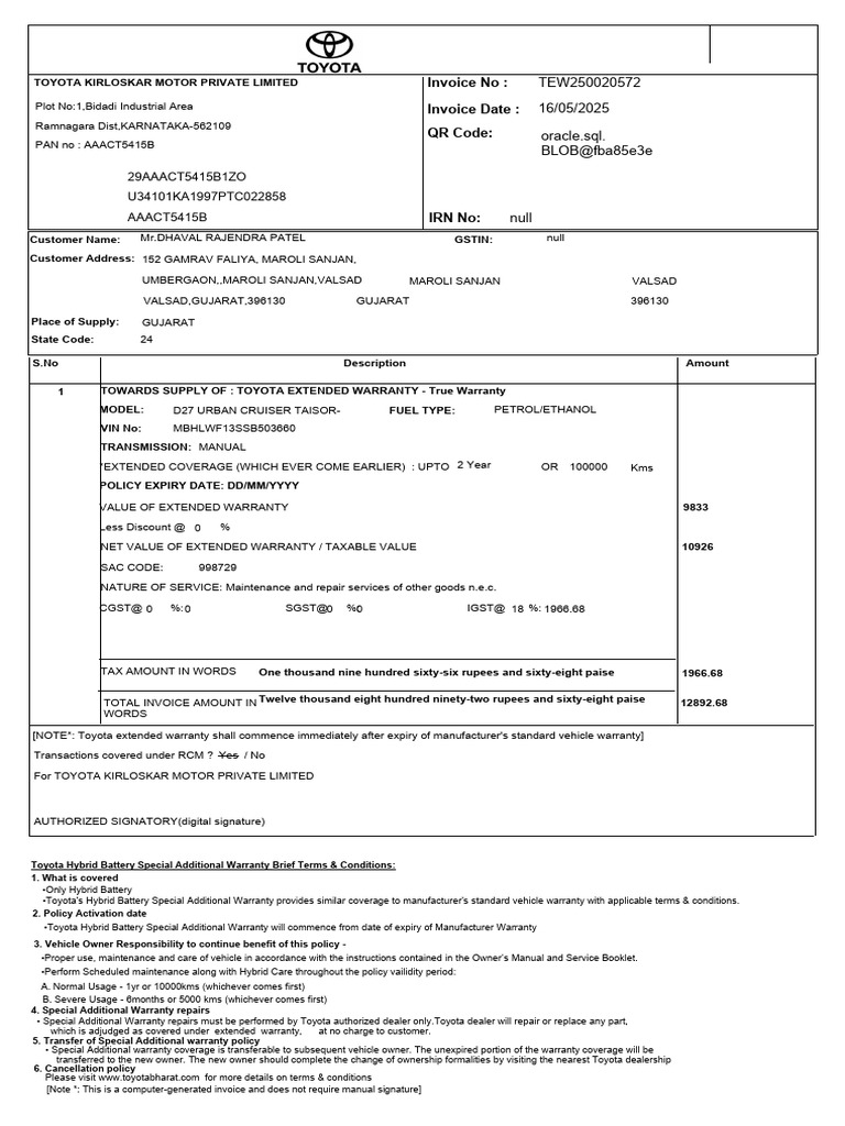 Toyota Extended Warranty Invoice | PDF | Vehicles | Motor Vehicle