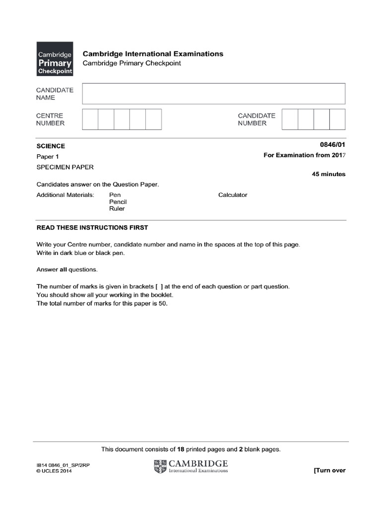 Specimen Paper1 From 2017cambridge Primary Checkpoint Science Specimen Paper 1 | PDF