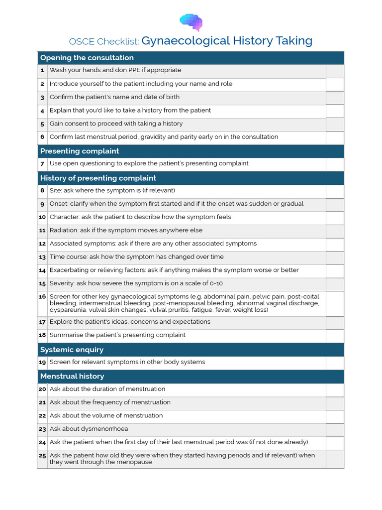 Gynaecological History Taking Checklist | PDF | Menstruation ...