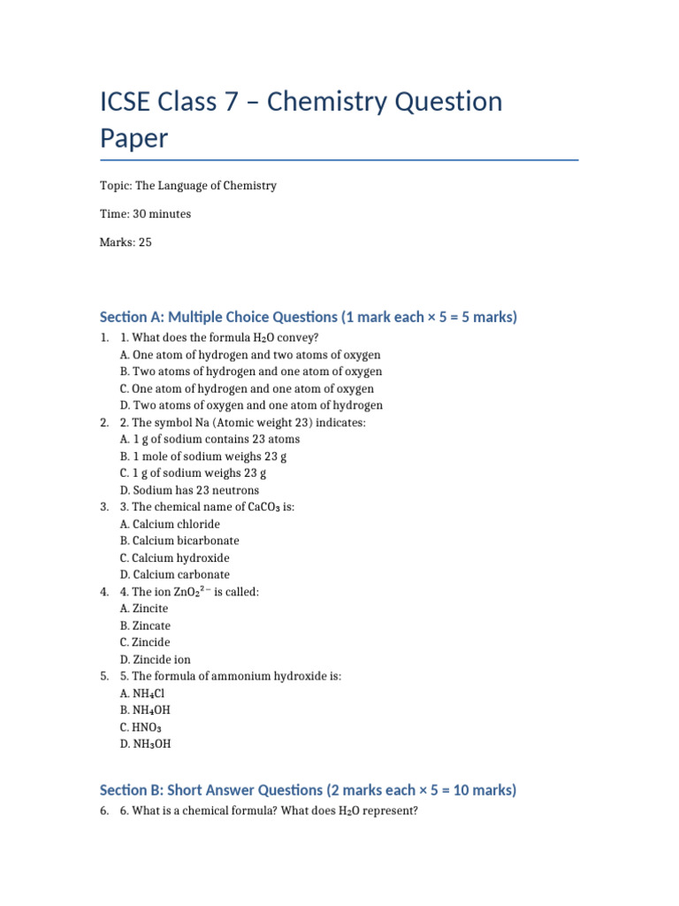 ICSE Chemistry Class7 Question Paper | PDF