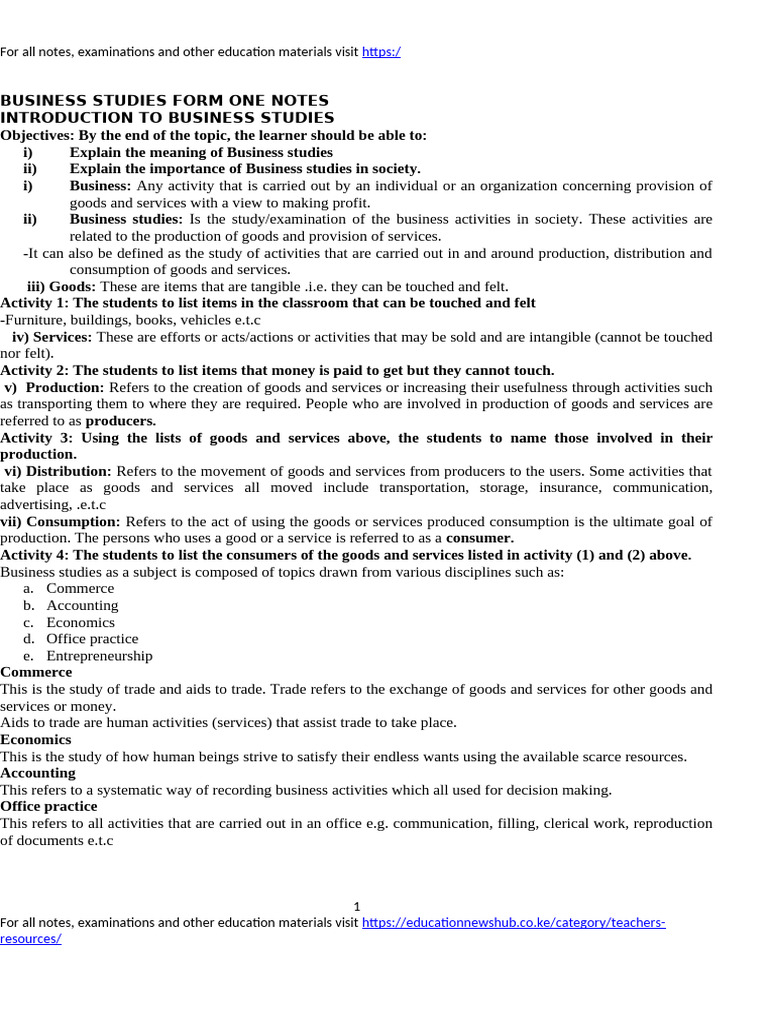 Business Studies Notes - f1 | PDF | Entrepreneurship | Goods