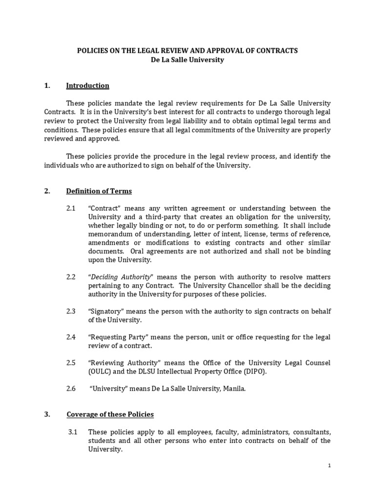 DLSU Contract Legal Review Policies | PDF | Legal Liability | Non ...