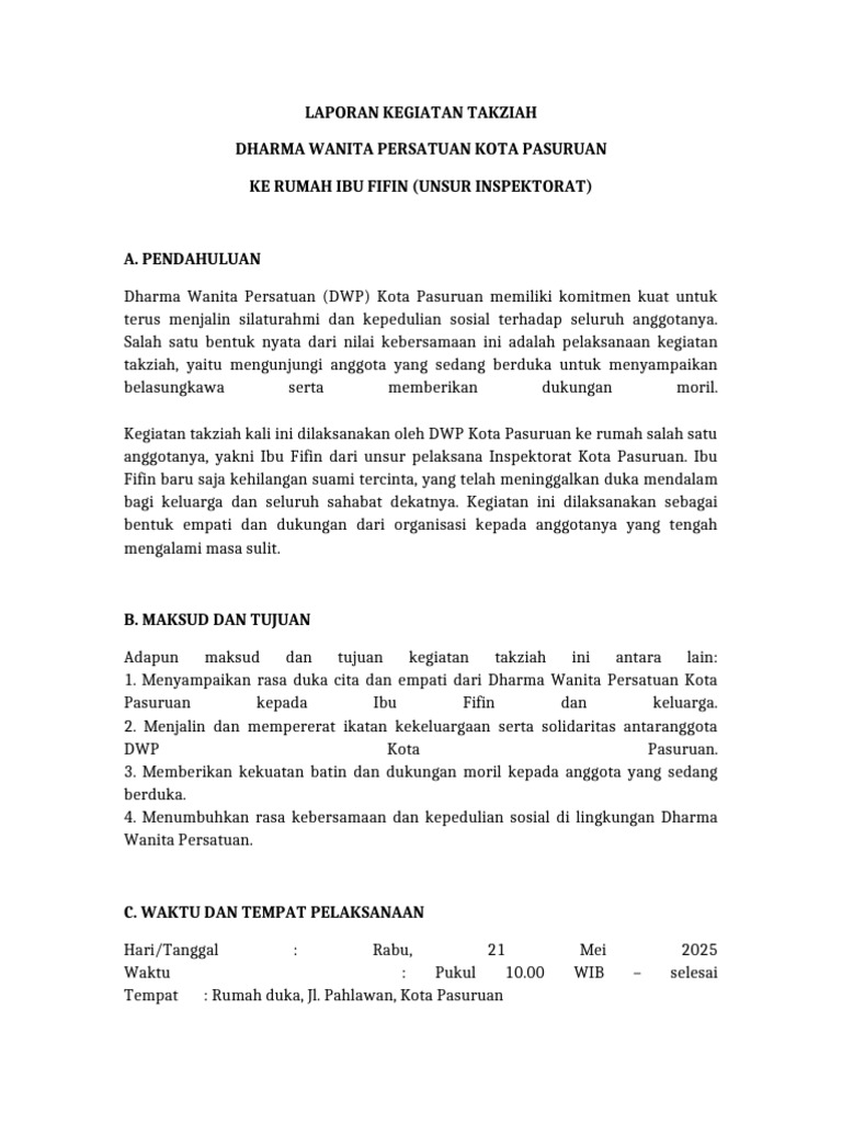 Laporan Takziah DWP Ke Rumah Ibu Fifin | PDF