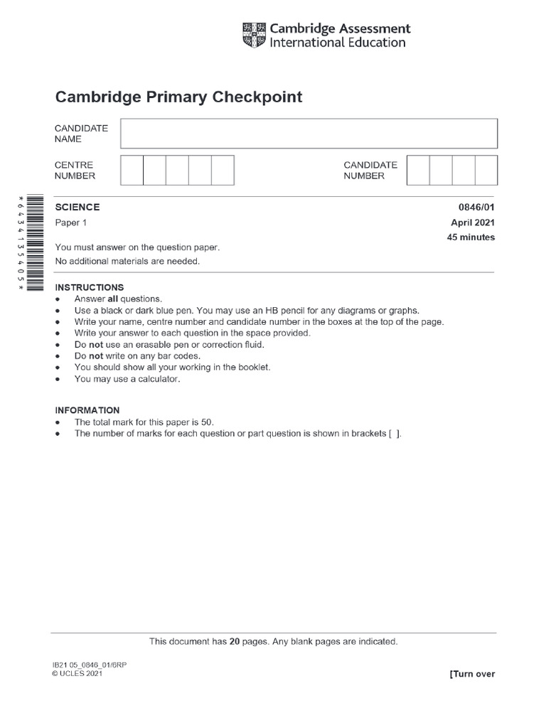 Cambridge Primary Checkpoint Science Exam Paper | PDF