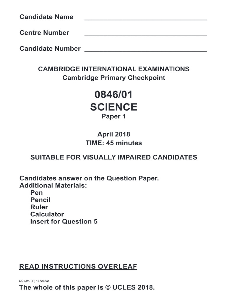 Paper1 Apr2018 Cambridge Primary Science Checkpoint Exam Paper 2018 | PDF