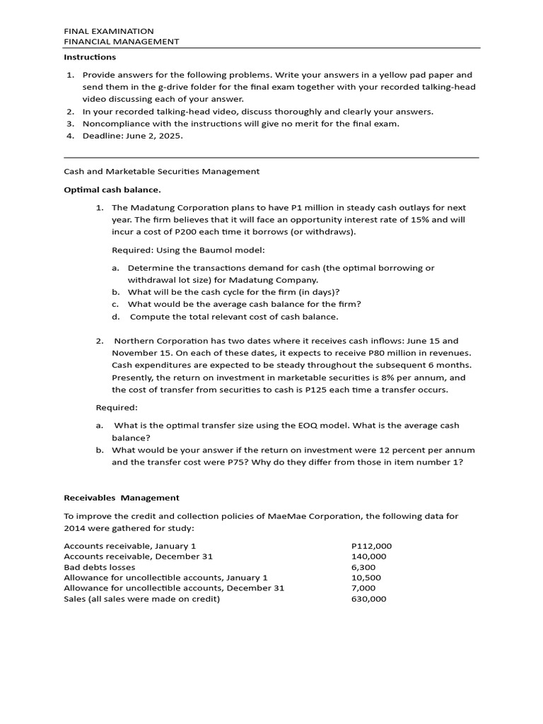 Financial Management Final Exam | PDF | Business | Economies