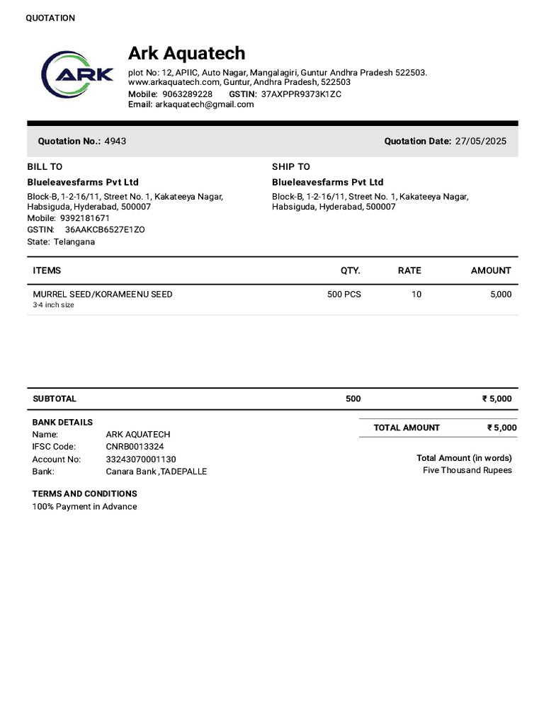 Blueleavesfarms PVT LTD Quotation 4943 | PDF